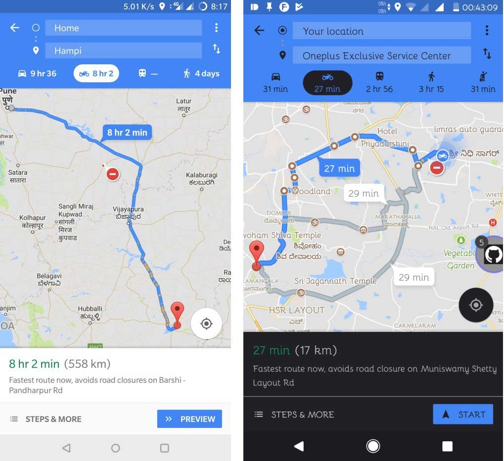 Motorfiets optie in Google Maps